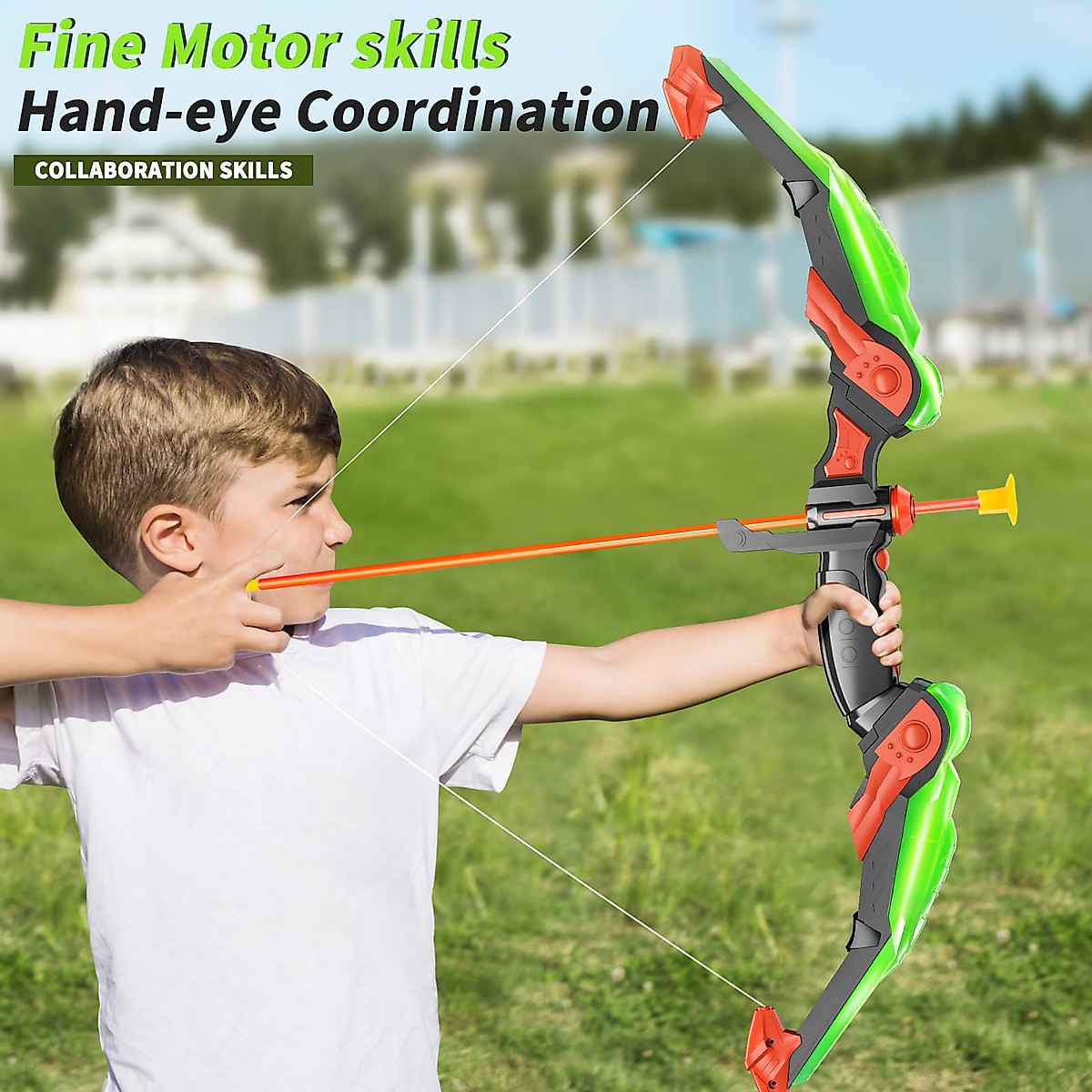 TEMI Kids Bow and Arrow Set - LED Light Up Archery Toy Set with 10 Suction Cup Arrows, Target & Quiver, Indoor and Outdoor Toys for Children Boys Girls