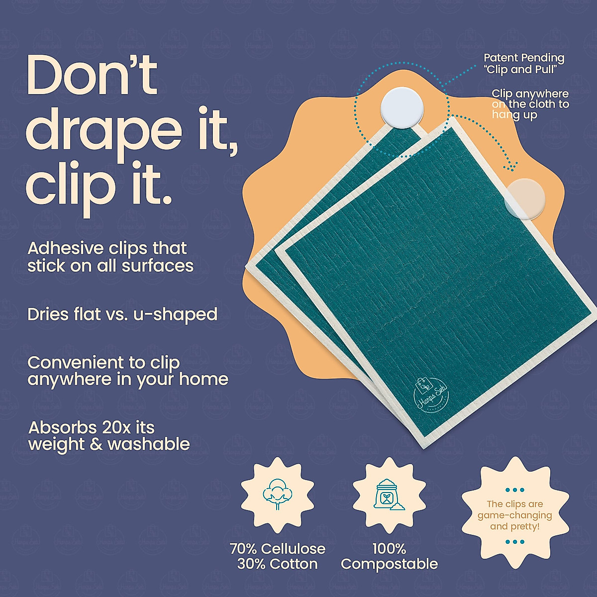 Harps&Seb 6-Pack, Reusable Swedish Dishcloths,Super Absorbent Washable Swedish Dish Towels with Convenient Hanging Clips, No Odor, Biodegradable, Non-Scratch Reusable Paper Towels