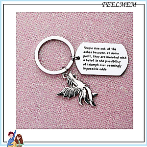 FEELMEM Inspirational Phoenix Keychain Phoenix Rising Rebirth Jewelry People Rise Out of The Ashes Fire Bird Jewelry for Break Up Gift Divorce Gift Cancer Survivor Recovery Gift (Phoenix Keychain)