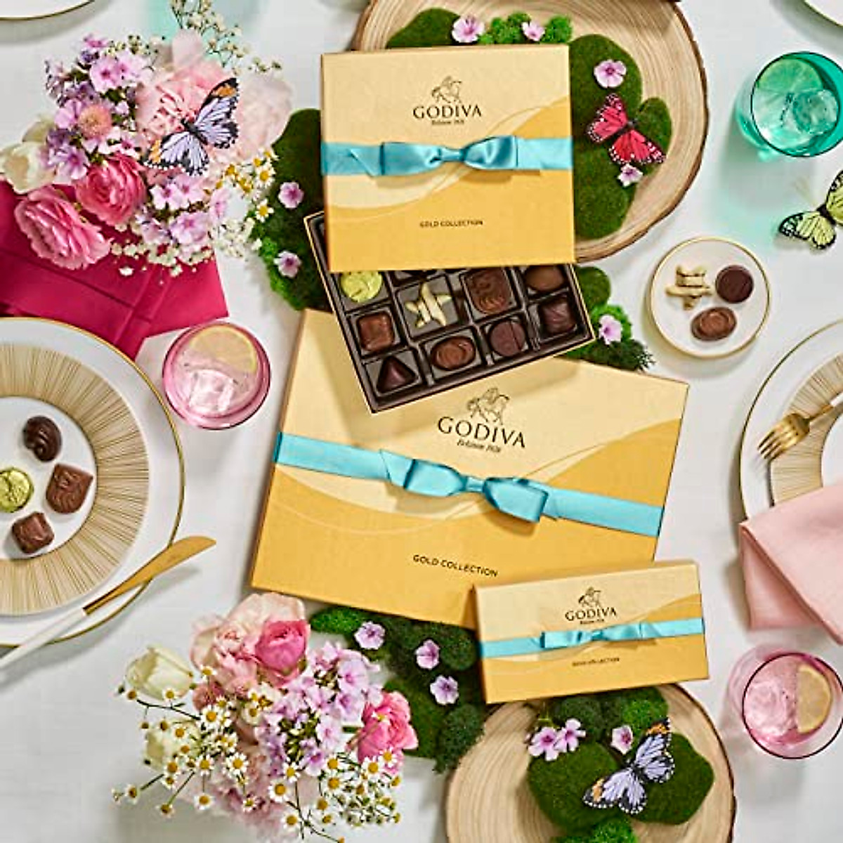 Godiva Chocolatier Assorted Chocolate Gift Box - Assorted Dark, Milk, White, Raspberry, Caramel, and Chocolate- Blue Ribbon Classic Gold Box - 19 pieces
