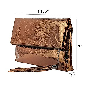 JNB Women's Cracked Metallic Fabric Foldover Clutch with Tassel, Bronze