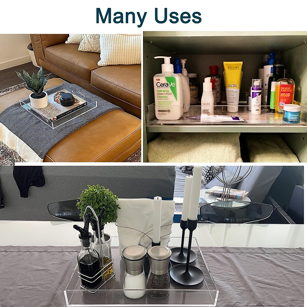 2 Pack Acrylic Tray,Vanity Tray 11.2x5.9 Inch,Acrylic BathroomTray for Counter,Clear Serving Tray for Cup, Sponge, Soap, Plant (Large, Clear)