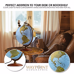 Waypoint Geographic Illuminated Desk Globe with Stand and Raised Relief Features - 1,000's of Up-to-Date Named Places & Points of Interest - Wood Stand (Blue)