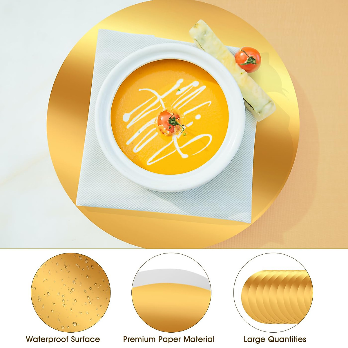 KesaPlan 100PCS Round Gold Placemats, 13" Disposable Paper Placemats for Dining Table, Mirrored Gold Charger Place Mat for Kitchen Banquet Table Setting Wedding Birthday Dinner Party Decor