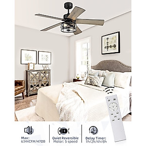 YOUKAIN Farmhouse Ceiling Fans, 48 Inch Industrial Ceiling Fan with Light and Remote Control, Clear Glass, 5-Reversible Blades with Matte Black/Wooden Finish, 52-YJ632