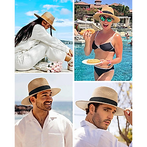 FURTALK Panama Hat Sun Hats for Women Men Wide Brim Fedora Straw Beach Hat UV UPF 50 Brown