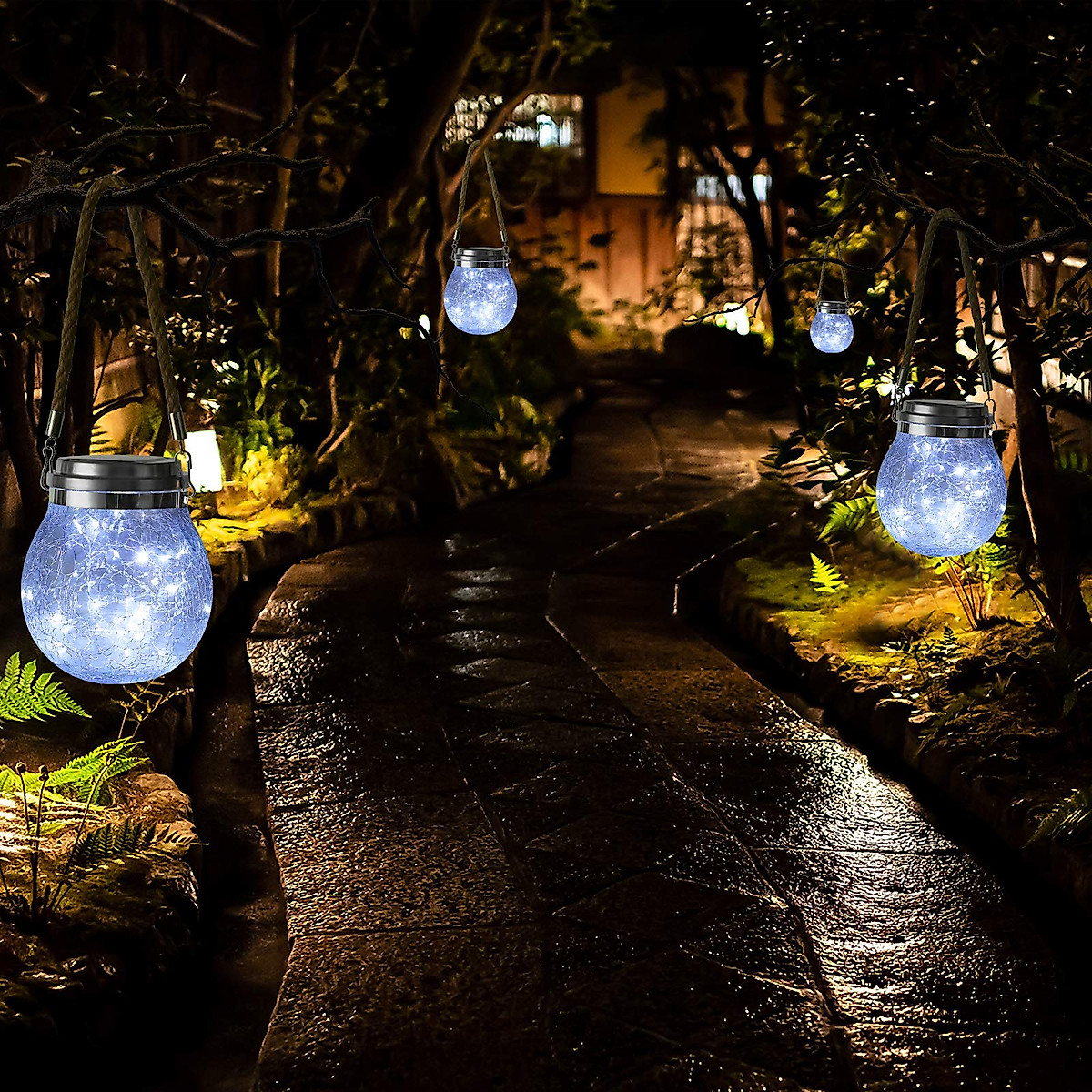 2 Pack Hanging Outdoor Solar Lights, 30 LED Outdoor Decorative Crackle Mason Jar Glass Lamp, Waterproof Solar Lanterns with Handle for Garden, Yard, Porch, Tree, Tabletop Decorations (White)