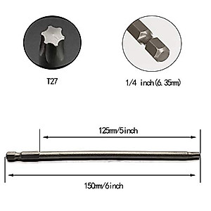 10PCS 6"/150mm T27 Torx Head Screwdriver Bit Set, 1/4 Inch Hex Shank with Quick Release Slot,S2 Steel Magnetic Security Tamper Proof Star 6 Point Screw Driver Kit Tools