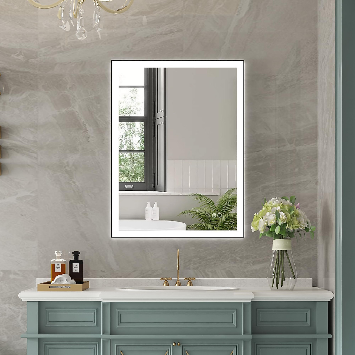 WELLFOR 24W x 32L Wall-Mounted Framed Bathroom Vanity Mirror, Smart Mirror W/Lights for Bathroom Hotel, Led Mirror Includes Dimmer Defogger, Vertical/Horizontal Installation, Rectangle, Matte Black