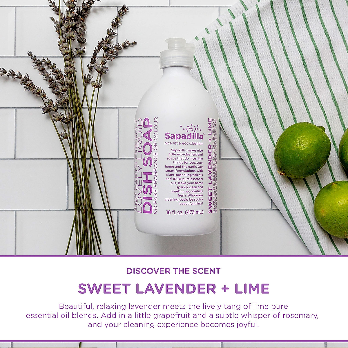 Sapadilla Liquid Dish Soap - Sweet Lavender + Lime - Made with 100% Pure Essential Oil Blends, Tough on Grease, Aromatic & Fragrant Dishwashing Liquid, Plant Based, Biodegradable, 12 Ounce (Pack of 1)