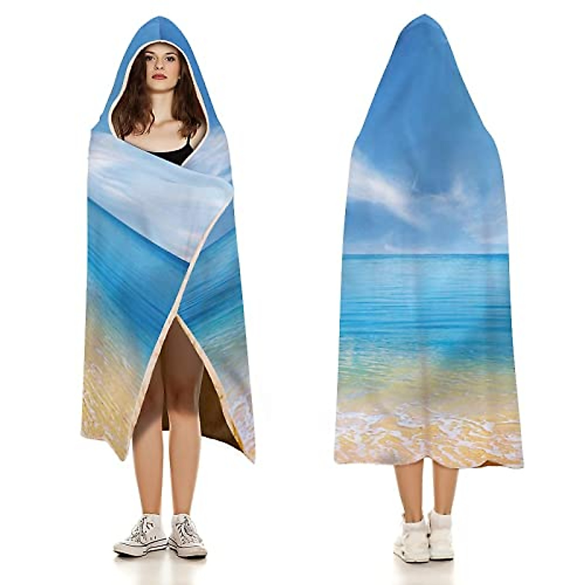 Blanket Hoodie, Tropical Women Men Hooded Blanket, Beach Summer Holiday Theme, Soft Warm Cozy, 50 x 60inches, Studying Reading Snuggling Napping Office, Multicolor