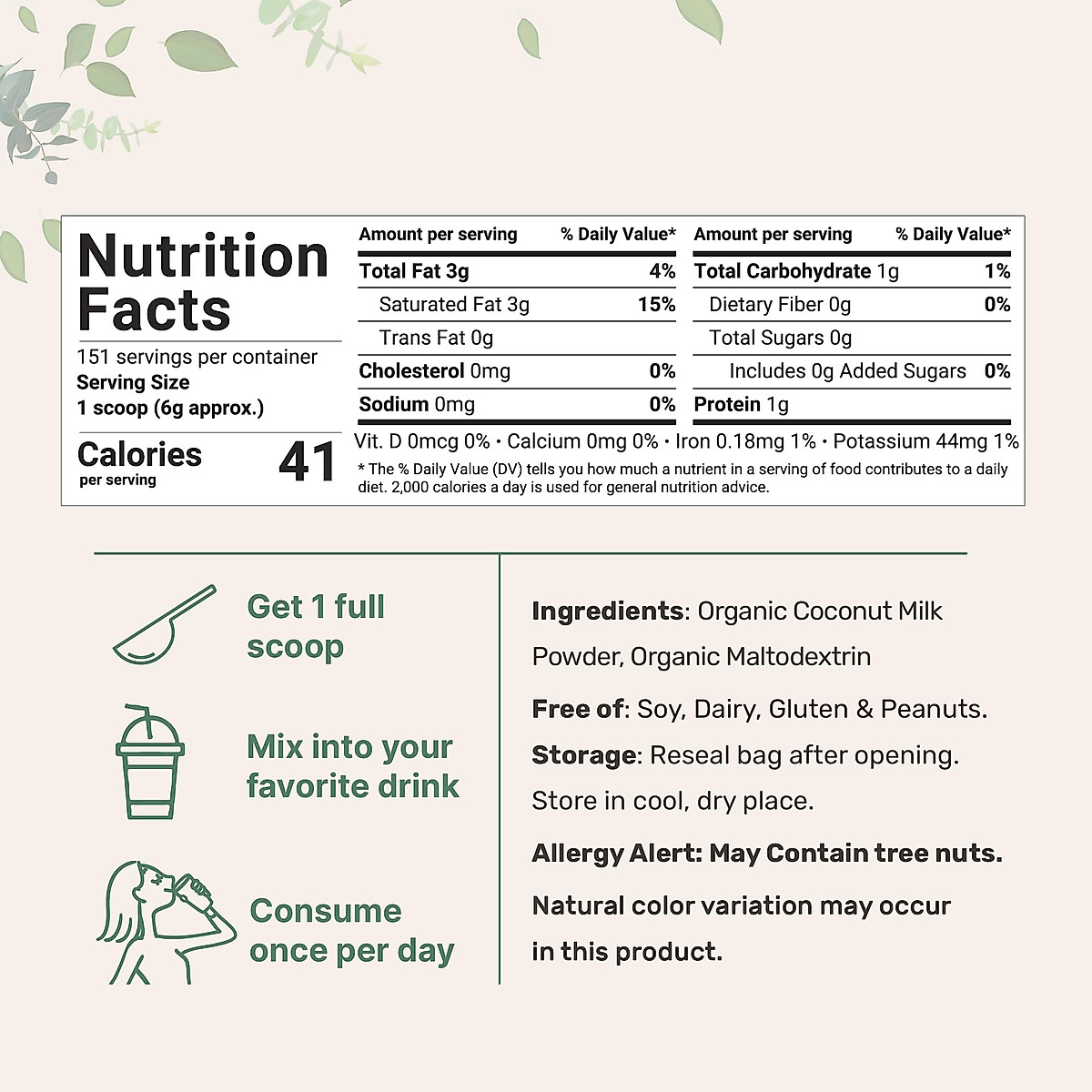 Micro Ingredients Organic Coconut Milk Powder, 2 Pound (32 Ounce), Plant-Based Creamer, Perfect for Coffee, Tea and Smoothie, Non-GMO and Keto Friendly