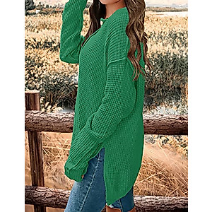 ZESICA Women's 2023 Casual V Neck Sweater Loose Long Sleeve Waffle Knit Button Henley Pullover Jumper Top,Green,Small