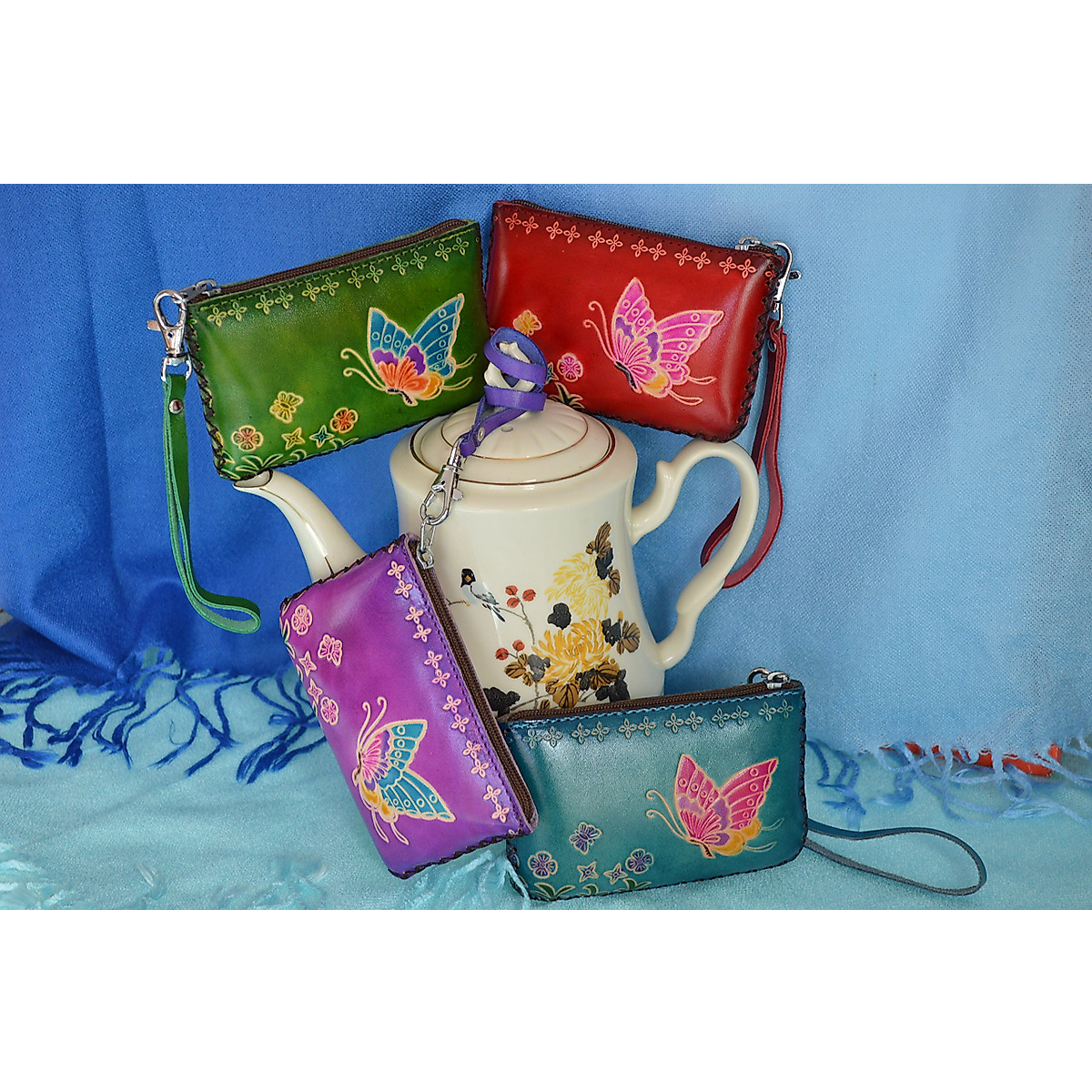BPLeathercraft Leather Change Purse, handmade Wallet, Rectangle,A Flying Butterfly and Flower (Red-1)