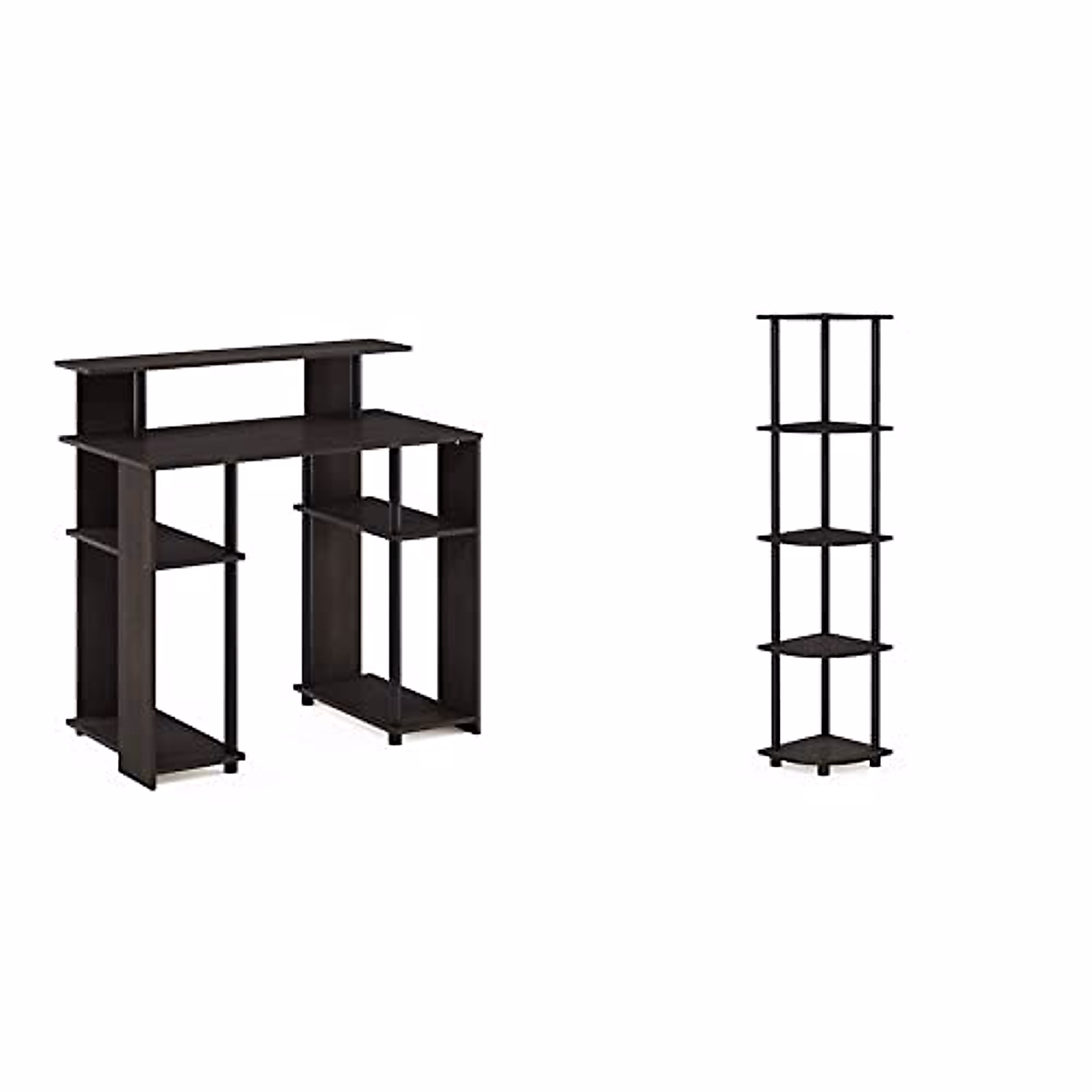 Furinno Jaya Simple Design Computer Writing Desk, Walnut & Turn-N-Tube 5 Tier Corner Display Rack Multipurpose Shelving Unit, 1-Pack, Espresso/Black
