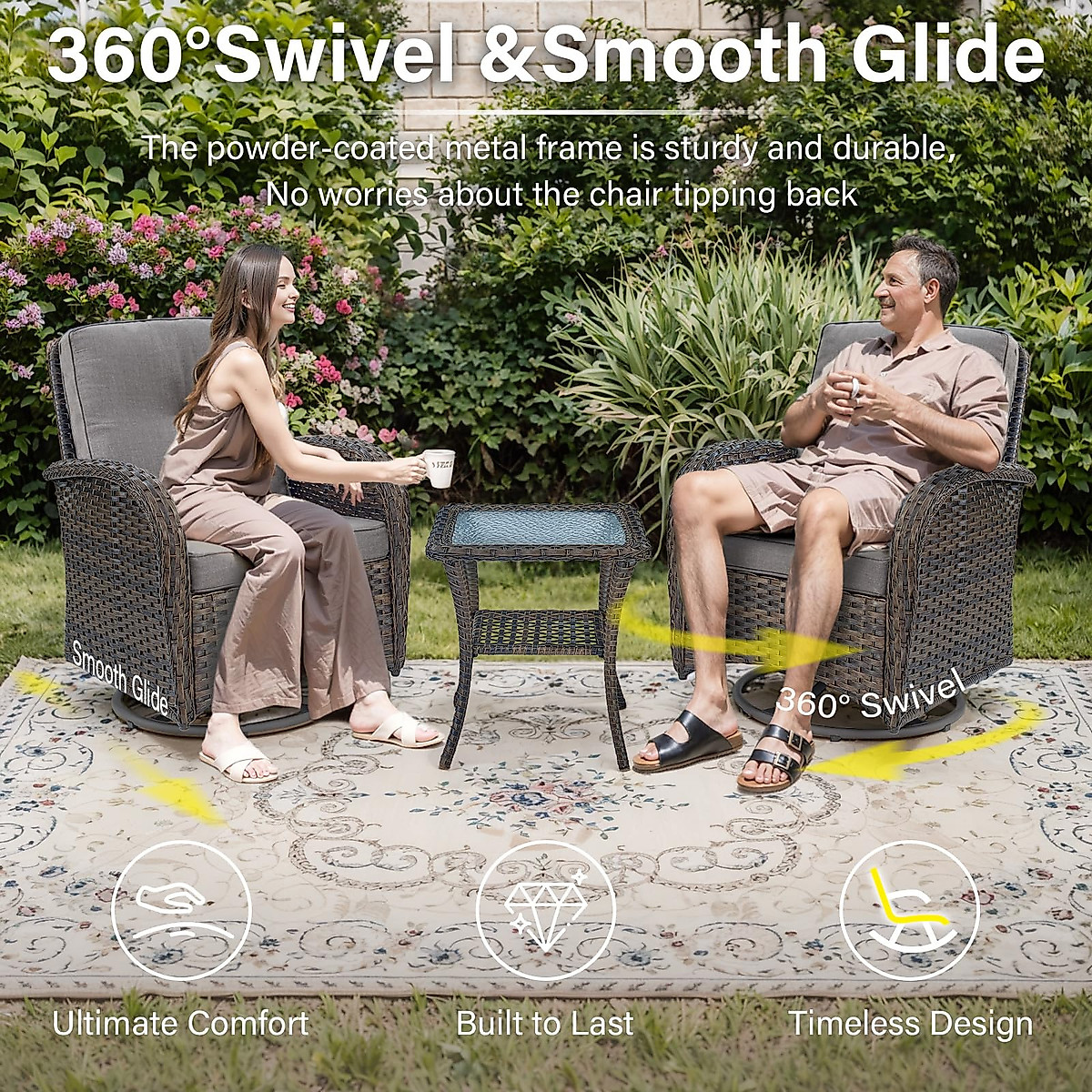 Belord Patio Wicker Chairs Swivel Rocker - Outdoor Swivel Rocking Chairs Set of 2 with Rattan Side Table, Patio Swivel Glider Chair 3 Piece Patio Furniture Sets for Patio Porch Pool Brown/Grey