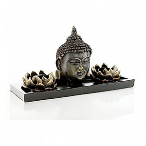 MyGift Black Buddha Head Sculpture Zen Garden Set w/Lotus Tealight Candle Holders & Wooden Display Tray