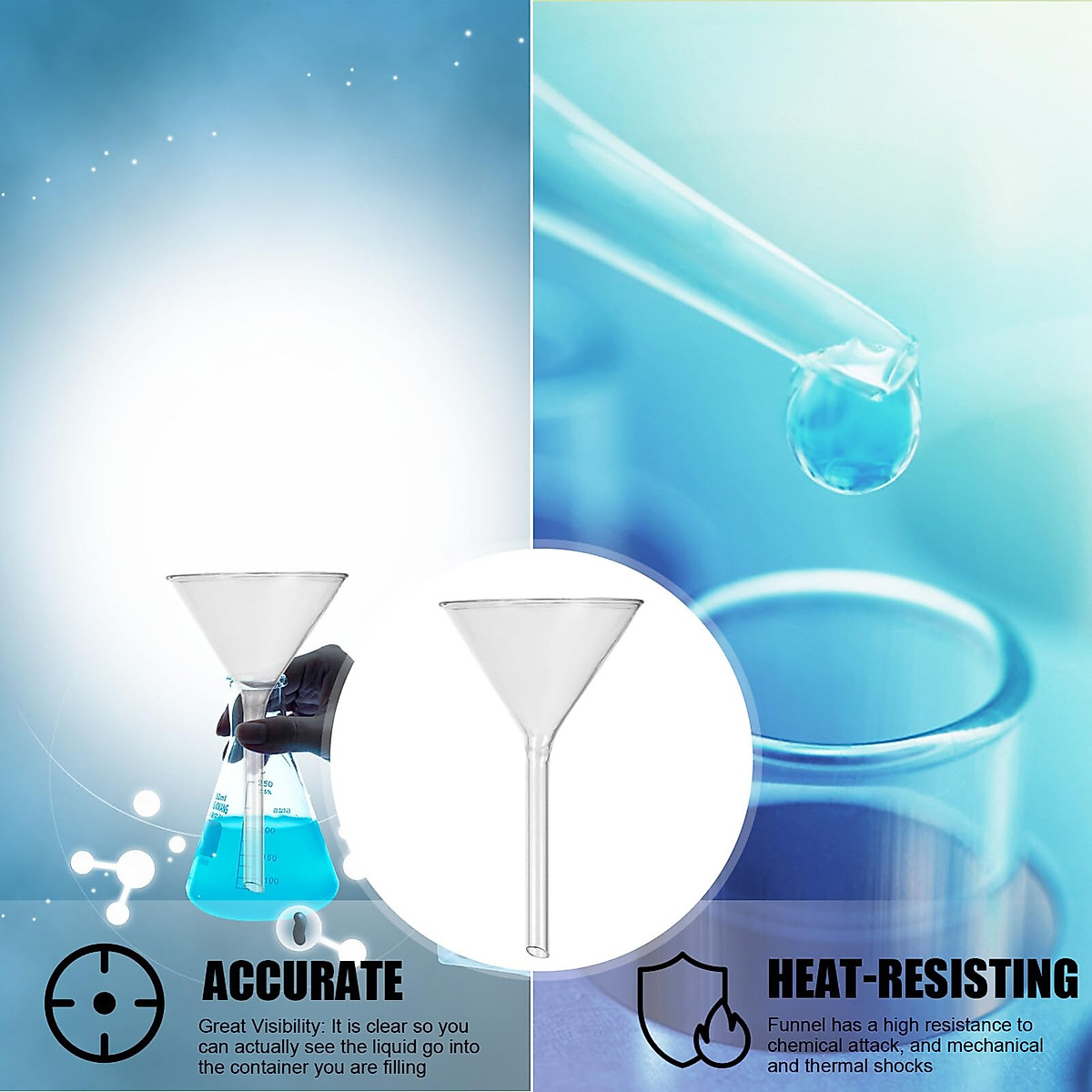 Baluue 4pcs Glass Funnels Set, Borosilicate Glass Funnel for Lab, Short Stem, Heavy Wall, 40mm, 50mm, 75mm, 100mm