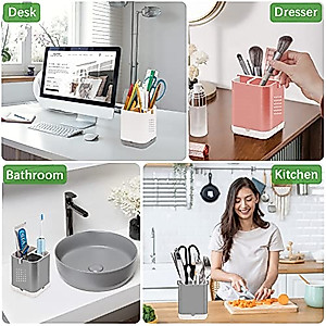 Boperzi Toothbrush and Toothpaste Holder with Bamboo Divider for Bathroom Countertop Organizer, Plastic Detachable Anti-Slip Large Electric Toothbrush Holders Storage Caddy Drainage for Family, Kids