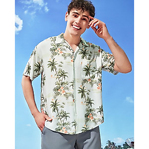 SURF CUZ Mens Hawaiian Shirts Short Sleeve Stretch Loose Fit Casual Aloha Shirt Vacation Mens Tropical Button Down Beach Shirts(White-Coconut Tree,Medium)