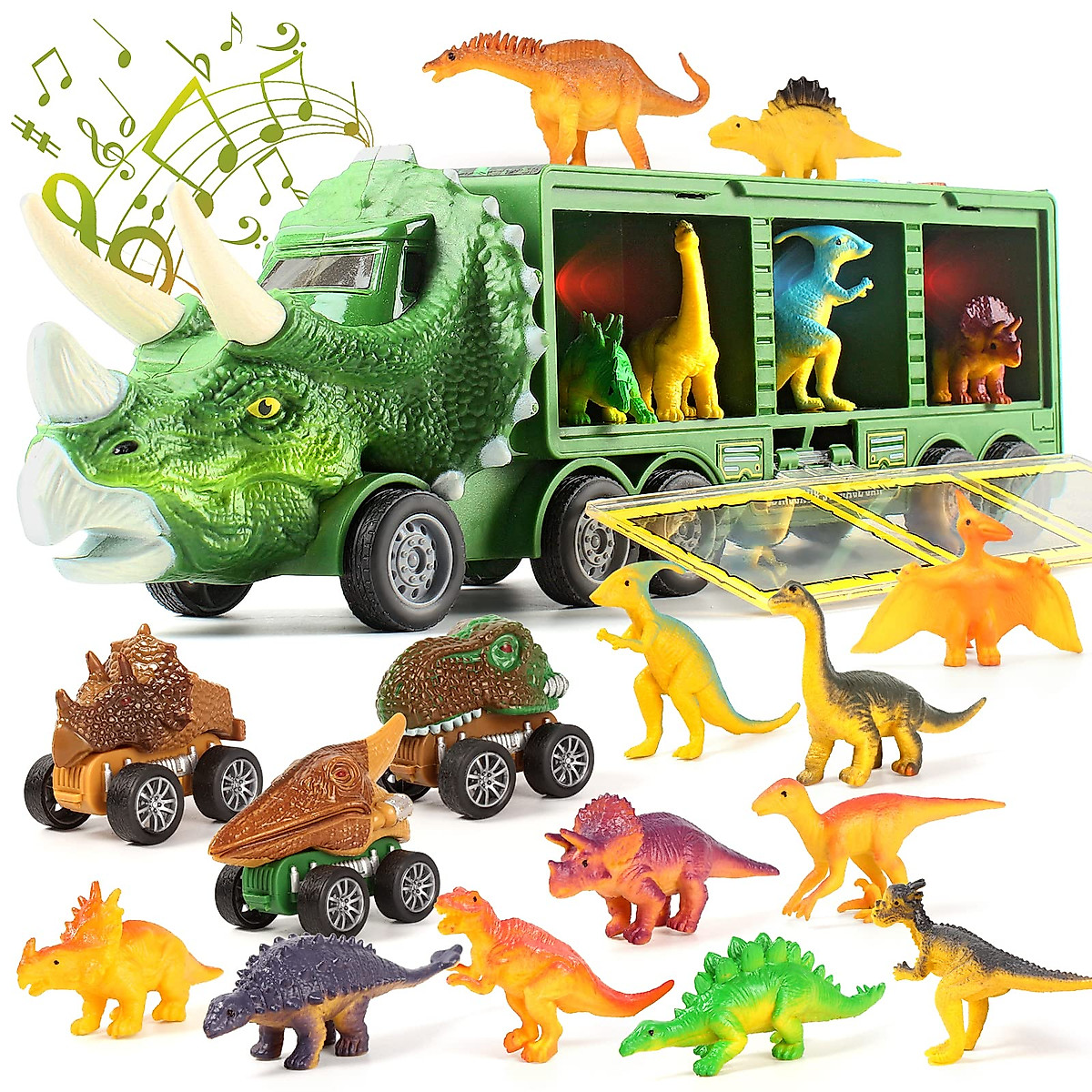 Dinosaur Toy Trucks for Kids - 28 Pack Pull Back Cars Set with Flashing Lights, Music,Roaring Sound,Dinosaur Car with Cars Launcher Track for Boys Girls Age 3 4 5 6 7 8 Year Old (Green)