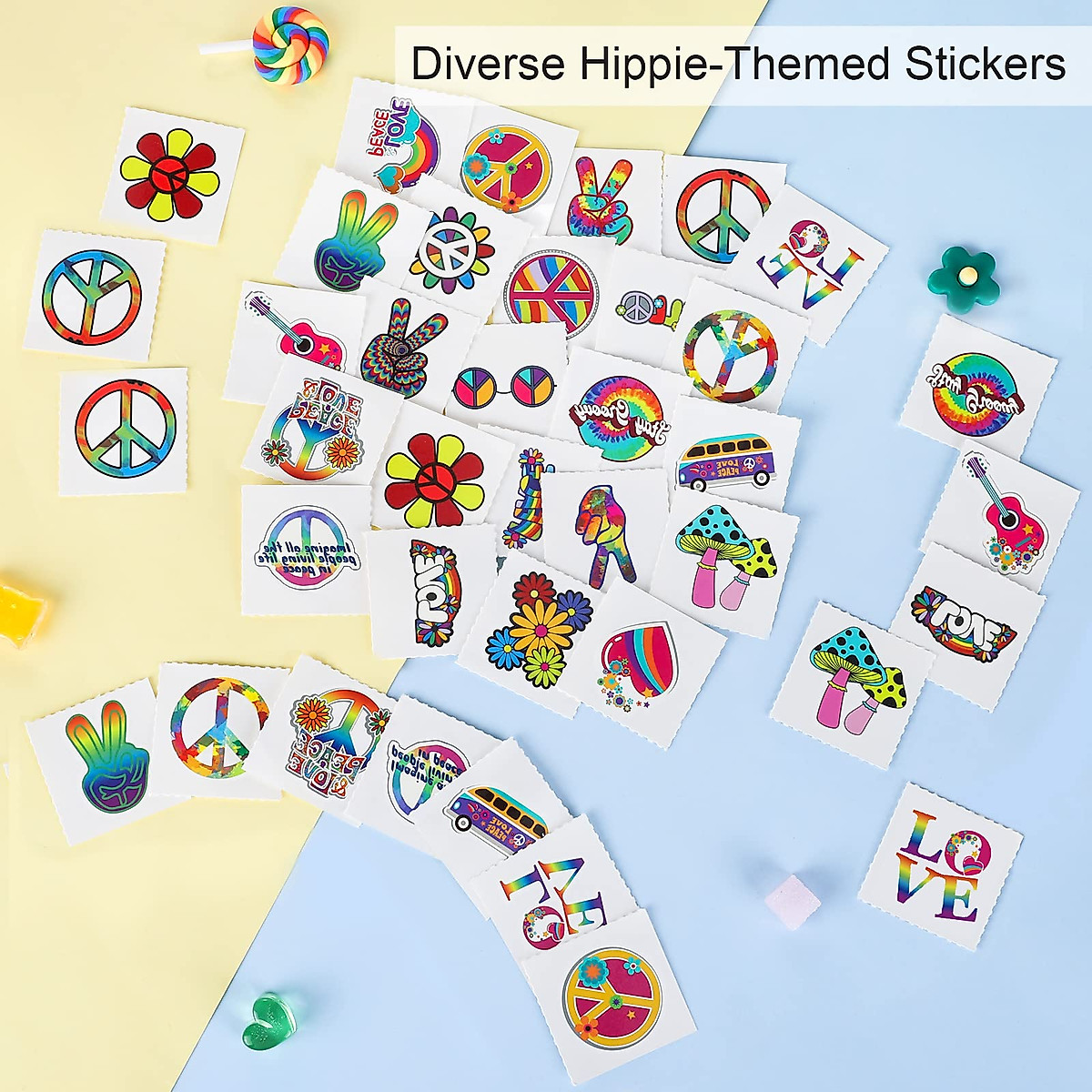 ADXCO 144 Pieces Hippie Tattoos Stickers Hippie Assorted Groovy Hippie Temporary Tattoos Waterproof Love and Peace Sign Hippie Tattoos Hippie Theme Party Tattoos for Hippie Party Favors