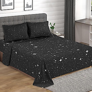 Pamnest 4 Pieces Queen Size Bed Sheet Sets, Space Starry Deep Soft Microfiber Bedding Sets for Kids and Adults Bedroom Bed Decor, Black Star Sky Flat Sheet, Fitted Sheet and 2 Pillowcases
