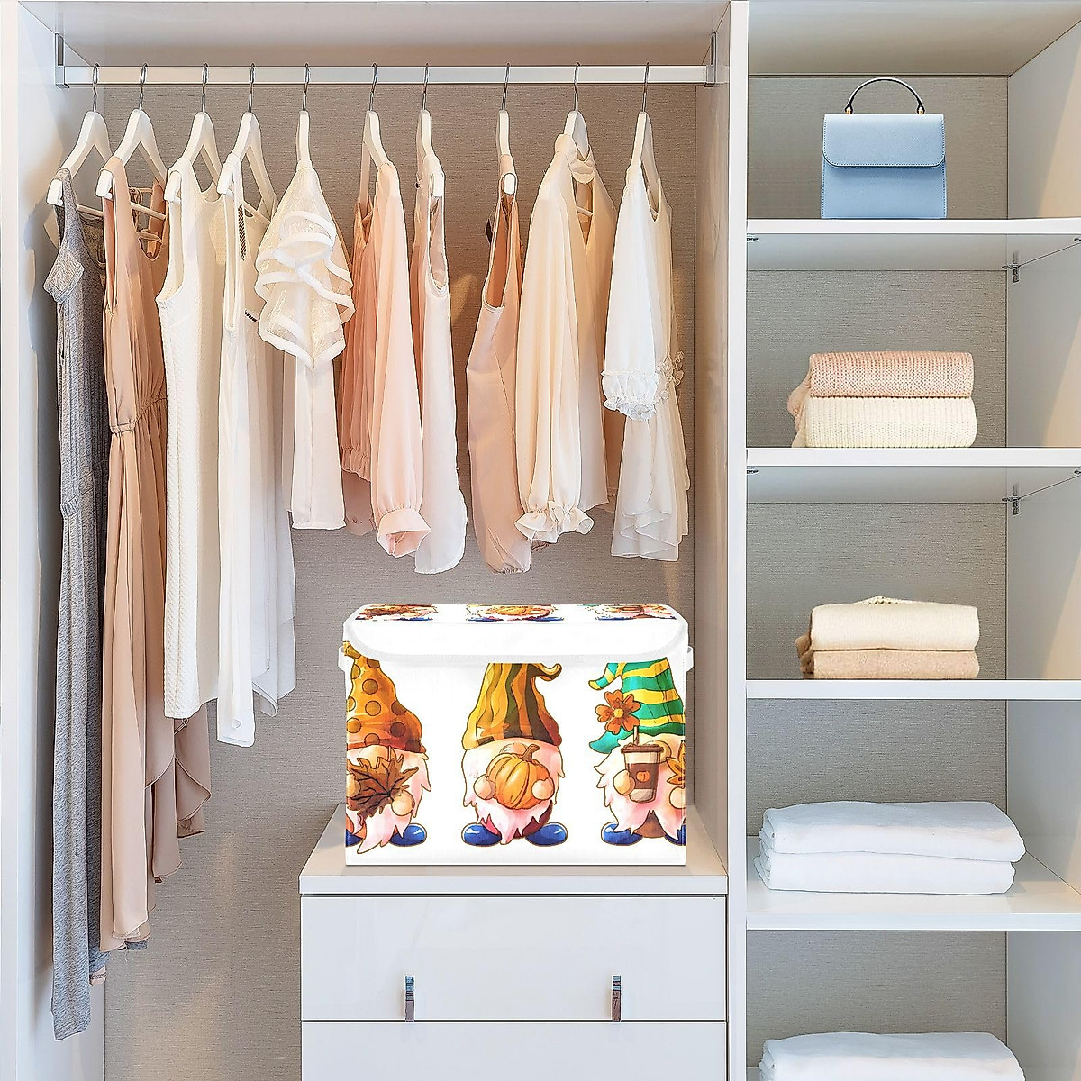 VIGTRO Large Collapsible Storage Bins with Lids Fall Gnomes Pumpkin, Autumn Themed Storage Baskets Organizer Containers with Handles for Home Bedroom Office