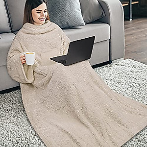 PAVILIA Sherpa Fleece Blanket with Sleeves for Adult Women Men, Wearable Blanket Sleeved Throw with Arms and Pocket, Fluffy Shaggy Cozy Gift for Christmas Thanksgiving Mom Wife, Crean Beige