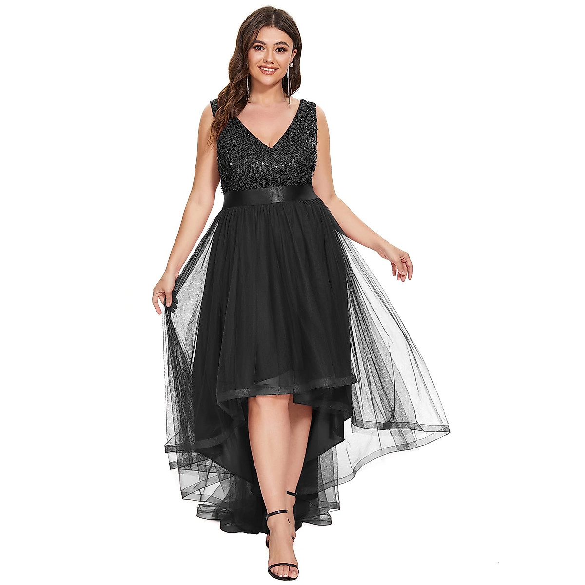 Ever-Pretty Womens Double V Neck A Line High Low Sequin Tulle Plus Size Formal Dresses for Curvy Women Black US20