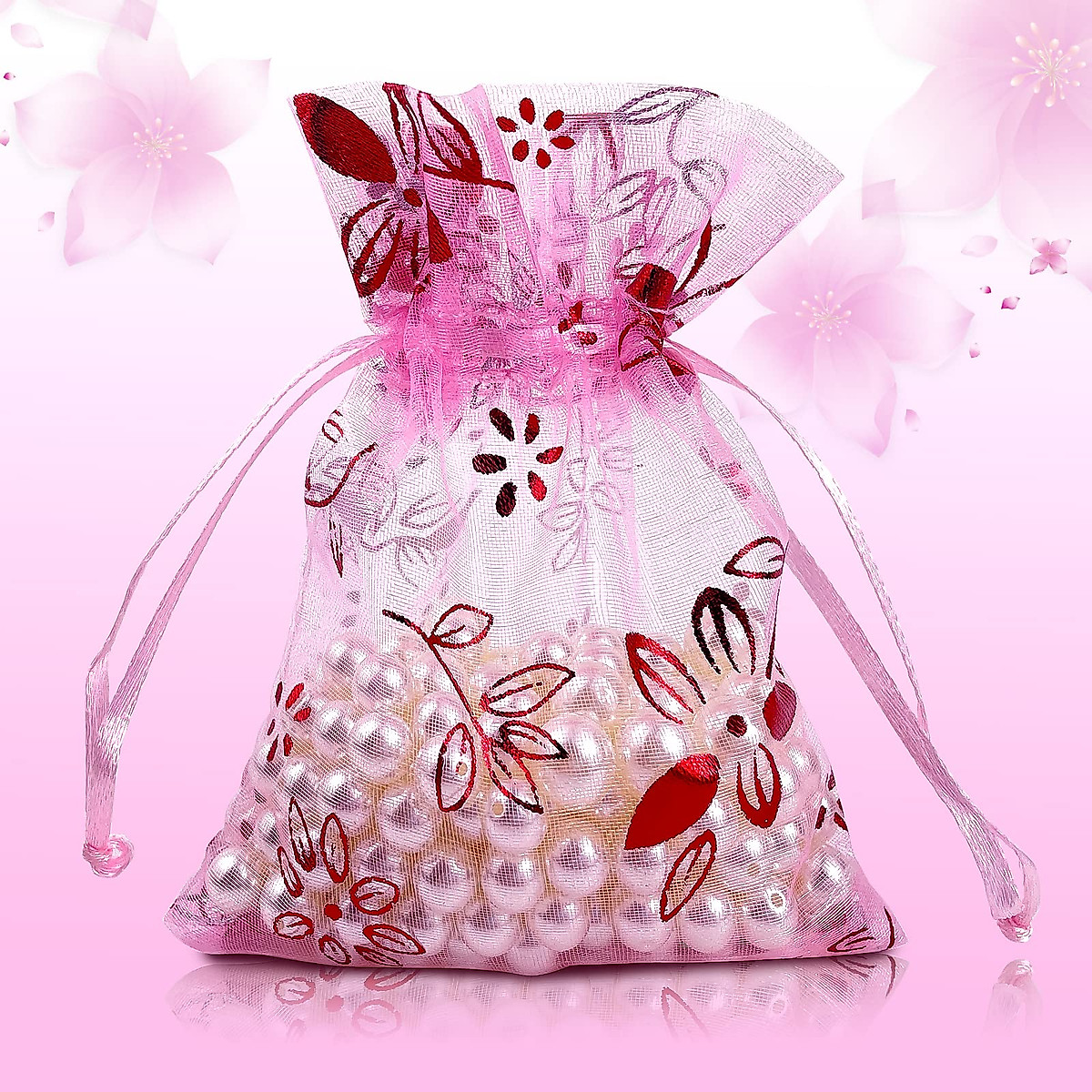100 PCS Pink Organza Bags with Flowers Jewelry Pouch 3.54 X 4.72 Inches Tulle Pockets Organizer Drawstring Bags for Candy Jewelry Party Wedding Favor
