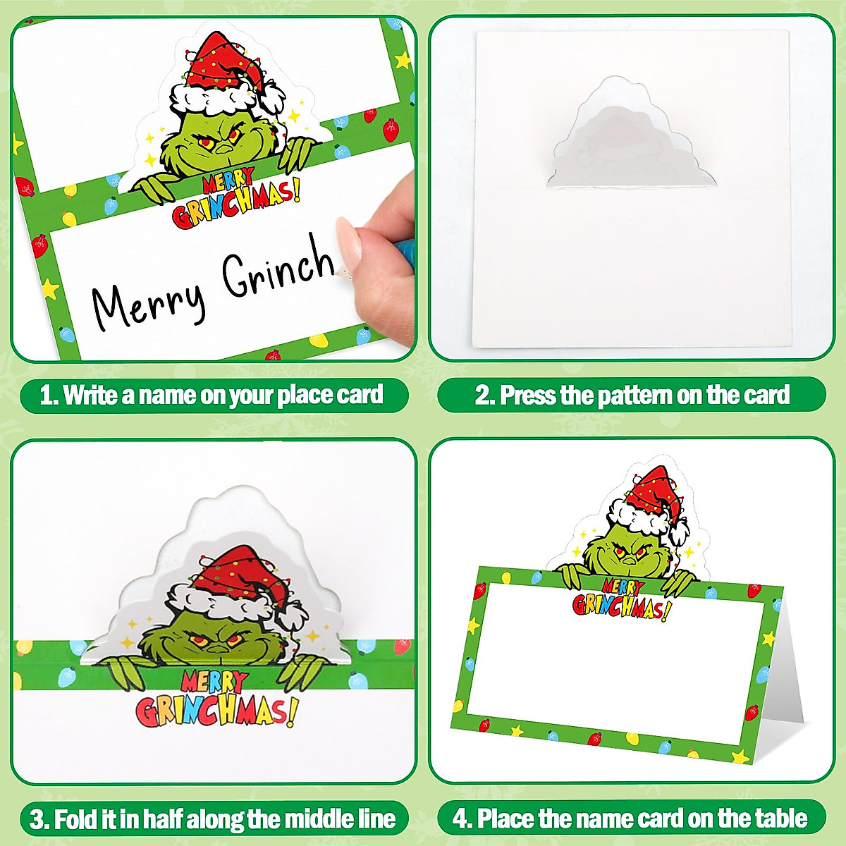 48 Pcs Christmas Place Cards Green Merry Christmas Seating Name Tags Placecard Holders Seating Christmas Thief Name Cards Tents for Dinner Party Birthday Wedding Supplies