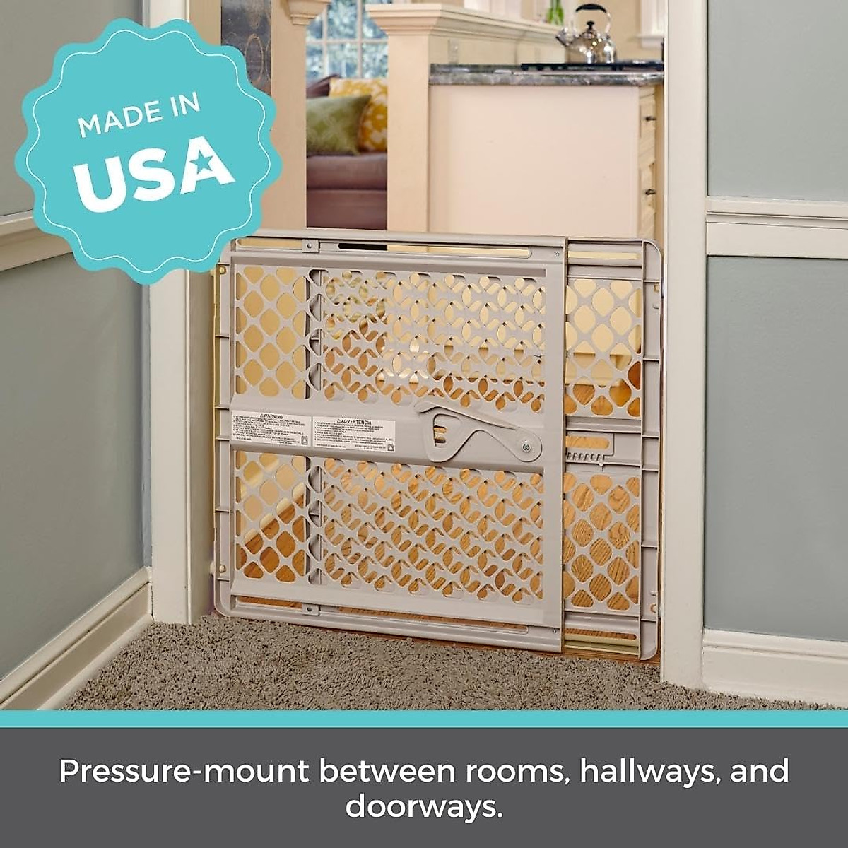 Toddleroo by North States Supergate Ergo Child Gate, Baby Gate for Stairs and Doorways. Includes Wall Cups. Pressure or Hardware Mount. Made in USA. (26" Tall, Sand)
