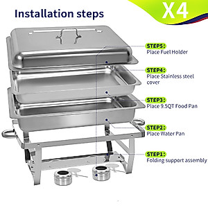 STEELUS 4 Pack Chafing Dish Set with Full Size Food Pan, Stainless Steel Chafer Food Warmer, Complete Set