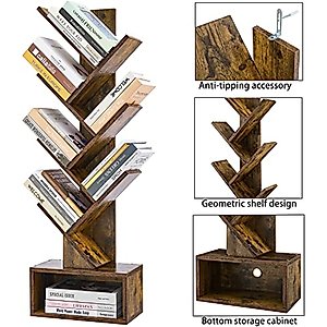Hoctieon 6 Tier Tree Bookshelf, 6 Shelf Bookcase with Drawer, Modern Book Storage, Free Standing Tree Bookcase, Display Floor Standing Storage Shelf for Books, Utility Organizer Shelves