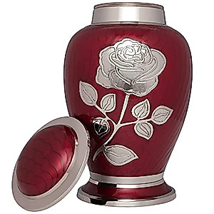 Silver Rose Cremation Urn - Funeral Urn with Large Flower on Red Enamel - Burial Urn for Human Ashes Adult Size - 100% Brass