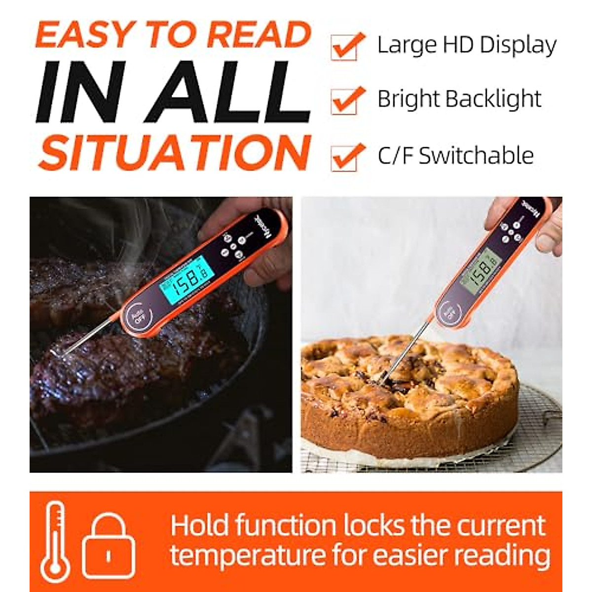 Nycetek Digital Cooking Thermometer, Accurate & Waterproof Instant Read Meat Thermometer with Backlit, Calibration, Probe, Food Thermometer for Kitchen, Grilling, Candy, BBQ, Oil Fry, Baking and More