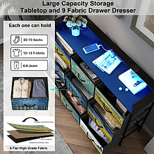Welfuturer Dresser for Bedroom with 9 Drawers Van Gogh Dressers & Chest of Drawers Fabric Clothes Drawer Fabric Closet Organizer for Living Room Entryway Closet Nursery Sturdy Steel Frame Wood Top