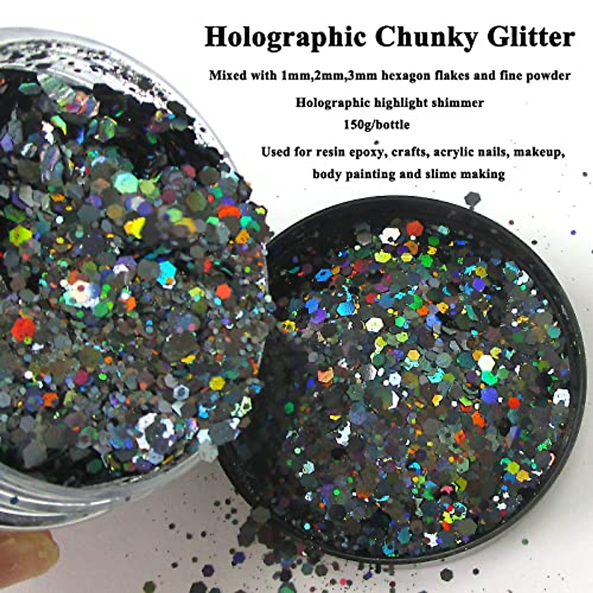 LuckForever 150g Holographic Black Chunky Glitter Flakes Mixed Hexagon Shape Nail Glitters Confetti Craft Sequins Manicure Sticker Accessories for Resin/Crafts/Nails/Body/Makeup