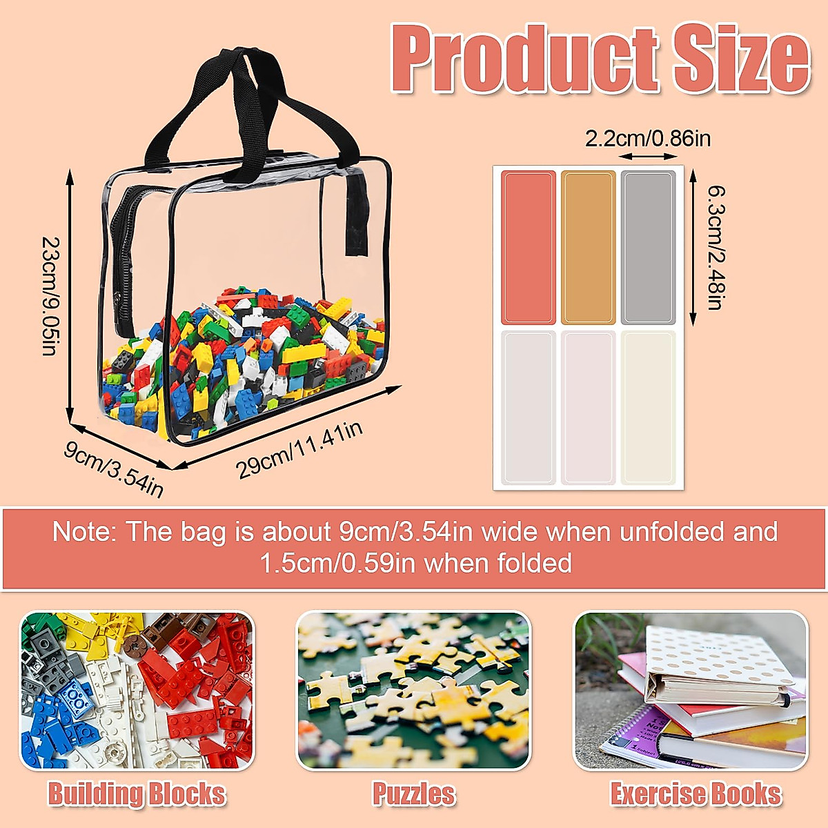 lasuroa 6pcs Toy Storage Bags with Stickers, Large Board Game Storage Bags Clear Storage Bags with Zipper Bliss Bins Toy Storage Organizing Bags for Board Games Building Blocks Puzzles