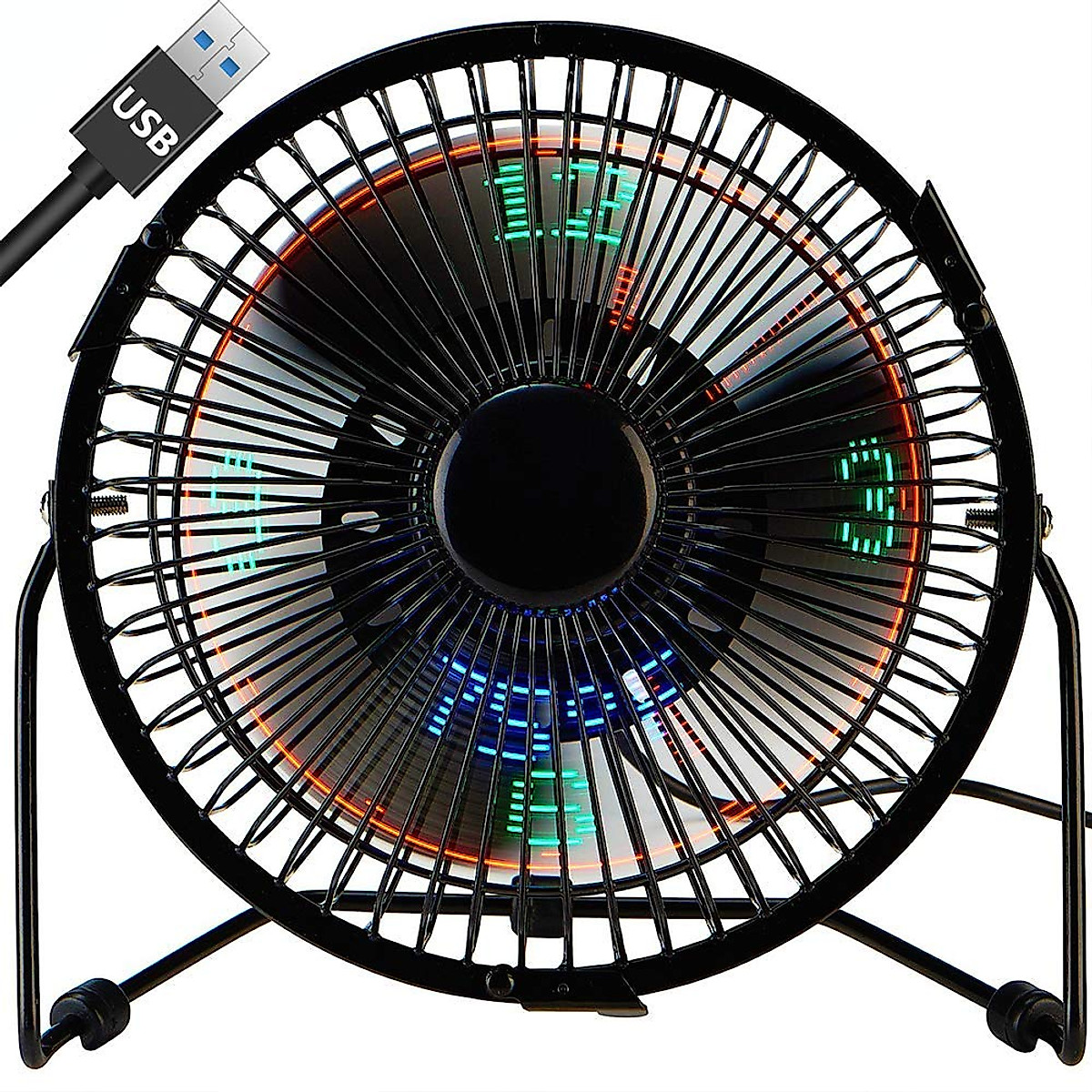 Lichamp Small Desk Fan with Clock and Temperature Display, 7 Inch Metal Frame USB Powered Flashing LED Display Electric Little Personal Cooling Fan, Quiet Table Fan with 5 Feet USB Cable