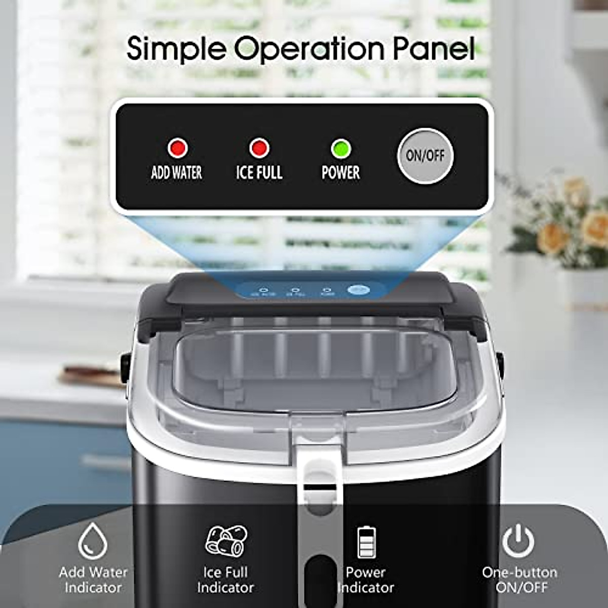 AGLUCKY Ice Makers Countertop,Protable Ice Maker Machine with Handle,Self-Cleaning, 26Lbs/24H, 9 Ice Cubes Ready in 8 Mins, with ice Scoop and Basket,for Home/Office/Kitchen (Black)