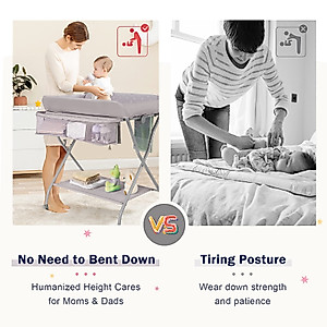 Costzon Portable Changing Table, Mobile Baby Changing Table with Wheels, Safety Belt, Large Storage Basket, Rack & Shelf, Folding Diaper Changing Station Nursery Organizer for Infant Newborn (Gray)