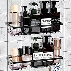 2 Pack Shower Caddy Shelf Organizer,Adhesive Shower Caddy,Rustproof Shower Shelves,Wall Mounted Shower Rack,Stainless Steel Bathroom Shower Organizer for Inside Shower Storage,No Drilling,Black
