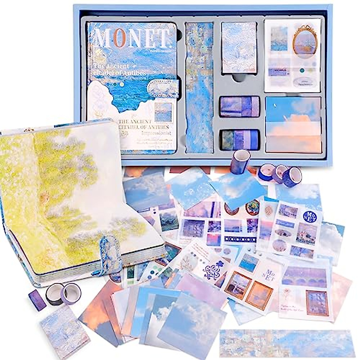 149Pcs Scrapbooking Supplies Kit, FHDUSRYO Vintage Aesthetic Scrapbook Kit, Bullet Junk Journal Kit with B6 Notebook Sticker Washi Tape, DIY Journaling Supplies Gift for Teen Girl Women(Blue 15”x9.4”)