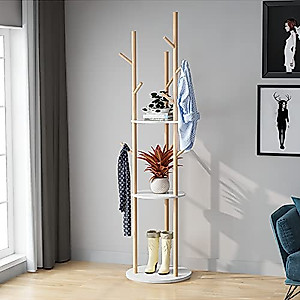 LIWSHWZ Freestanding Coat Rack with 9 Hooks and 3 Shelves, Hall Tree for Jackets, Coats, Hats, Bags, for Home Office Entryway Corridor (White)