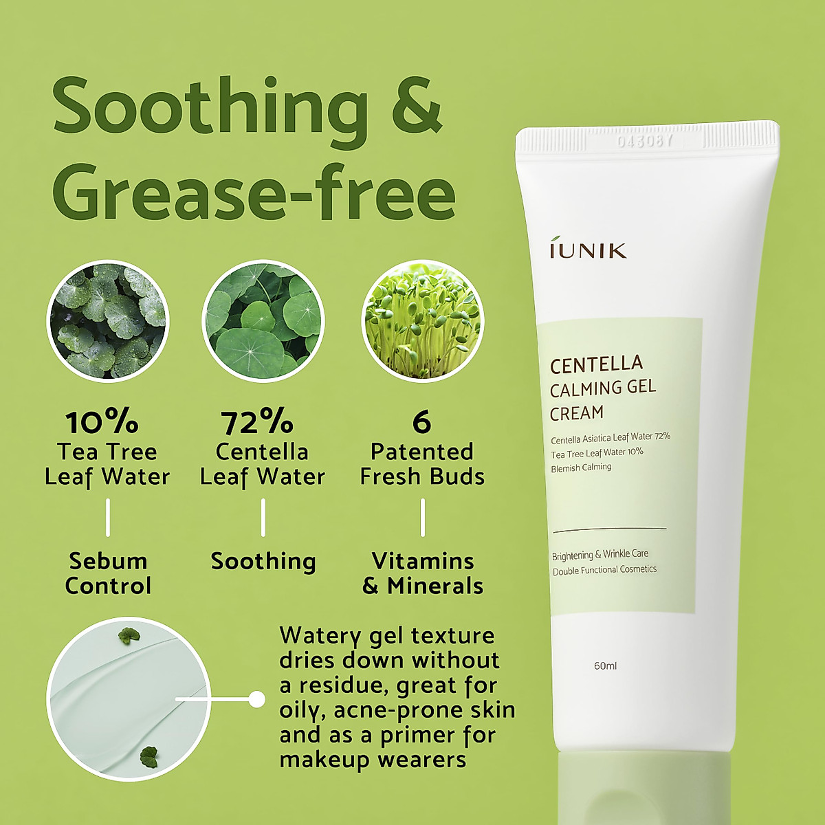 IUNIK Centella 70% Calming Gel Cream Vegan Non-Sticky Moisturizing Blemish Care w/Centella Asiatica Tea Tree 10% Soothes Acne Rosacea Oily & Sensitive Skin Korean Skincare
