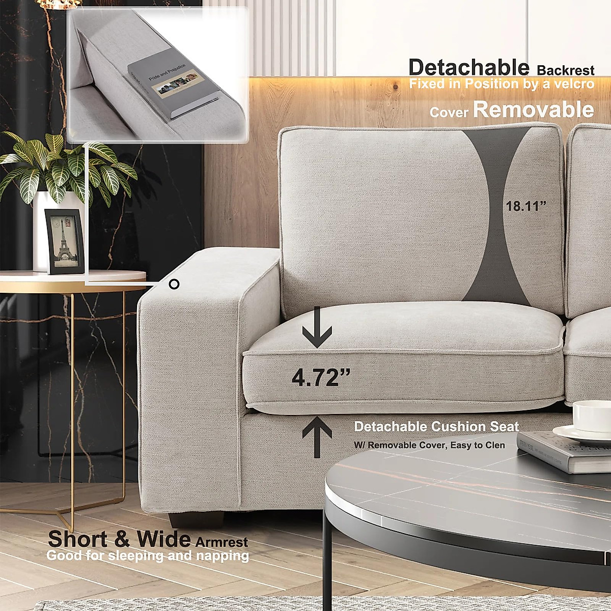 Harkawon 88.6" Sofa Couches for Small Spaces Modern Loveseat for Living Room with Solid Wood Frame, Chenille Lounge Removable Cover, Modern Couches for Apartment,Dorm, Office, Beige