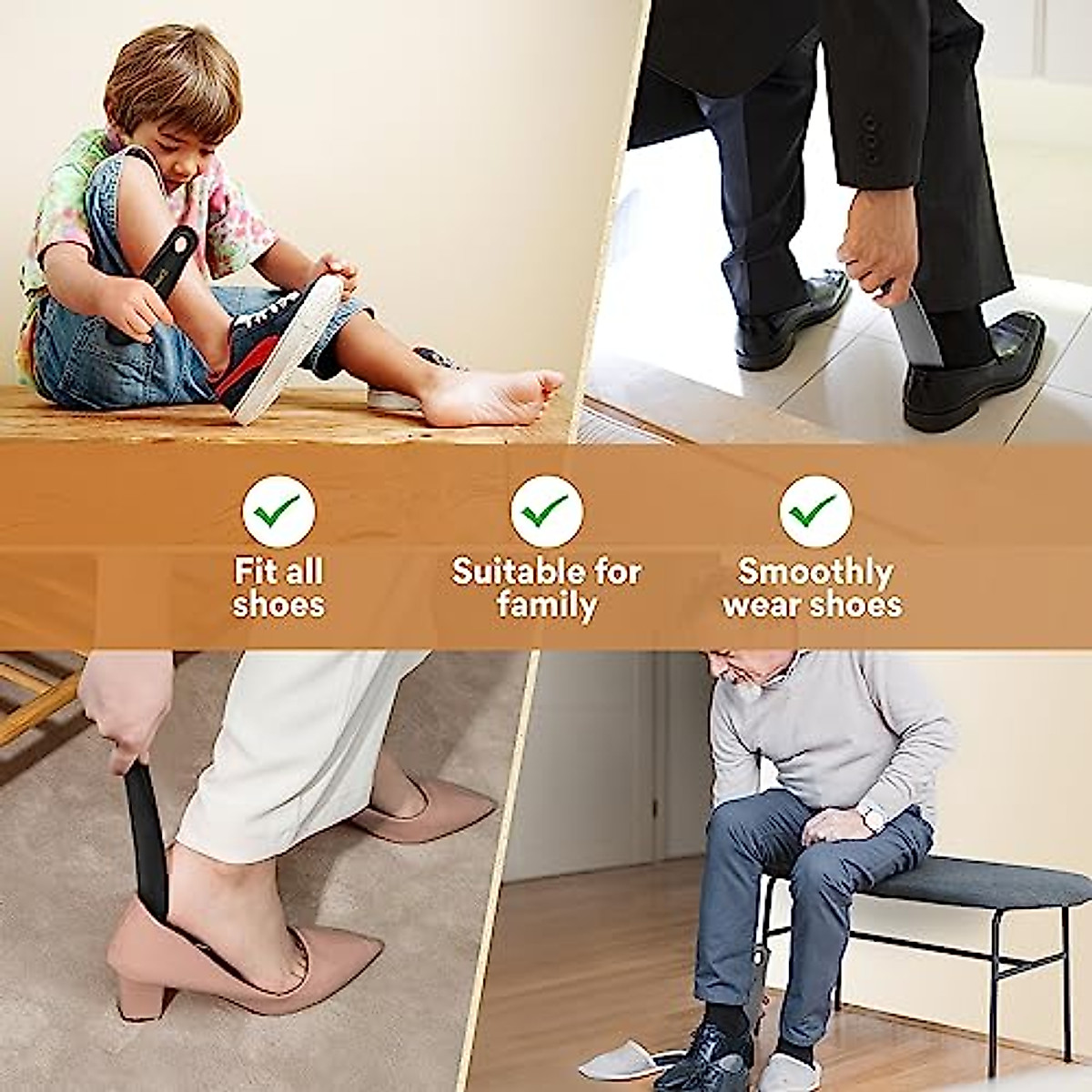 ZOMAKE Plastic Shoe Horn with Hook, 7.3 Inch Small Travel Shoe Horns for Kids, Seniors, Men, Women, Black, Blue(Pack of 2)