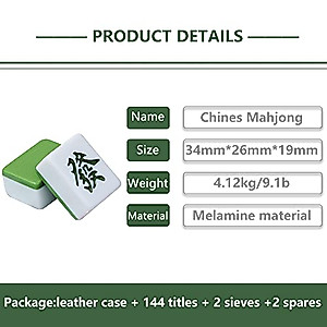 drizzle 34mm Mahjong Set - 146 Medium Size Tiles with Instructions - Traditional Chinese Table Game - Home Family Dorm Party for Leisure Time - Mah Jong 麻将 Green